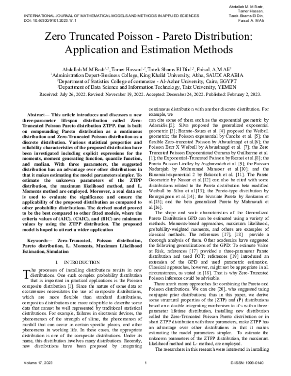 (PDF) Zero Truncated Poisson -Pareto Distribution: Application and Estimation Methods
