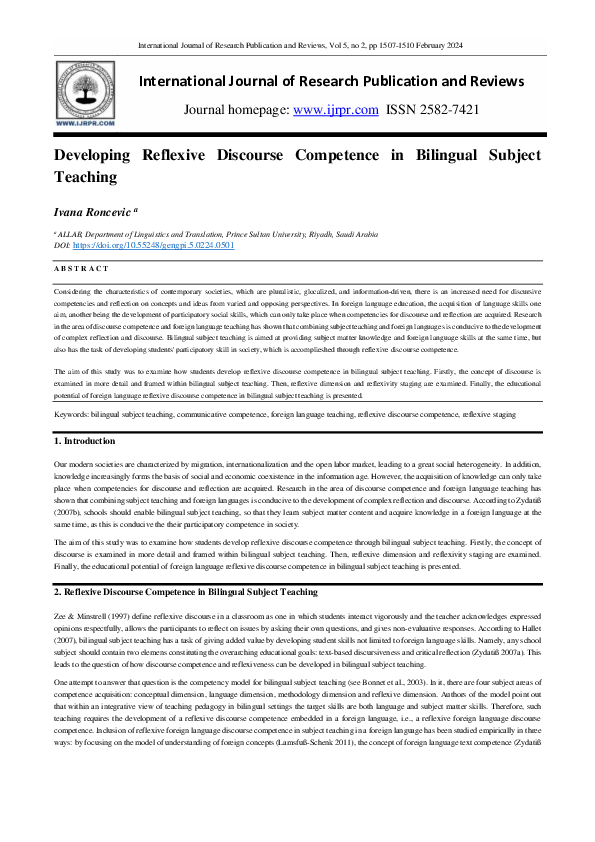 (PDF) Developing Reflexive Discourse Competence in Bilingual Subject ...