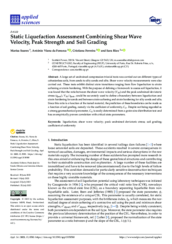 (PDF) Static Liquefaction Assessment Combining Shear Wave Velocity, Peak Strength and Soil Grading
