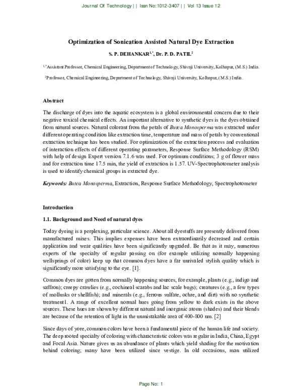 (PDF) Optimization of Sonication Assisted Natural Dye Extraction