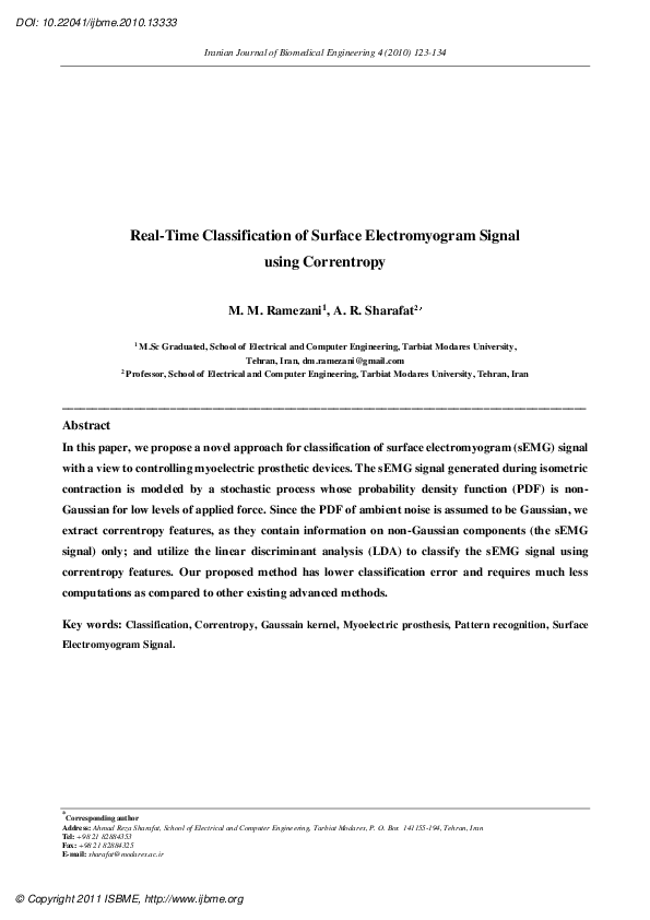 (PDF) Real-Time Classification of Surface Electromyogram Signal Using Correntropy | Ahmad ...