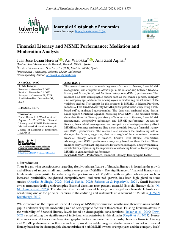 (PDF) Financial Literacy and MSME Performance: Mediation and Moderation Analysis