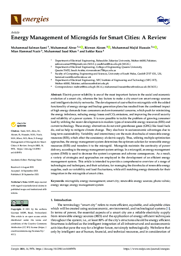 (PDF) Energy Management of Microgrids for Smart Cities: A Review