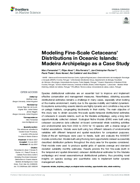 (PDF) Modeling Fine-Scale Cetaceans’ Distributions in Oceanic Islands: Madeira Archipelago as a ...