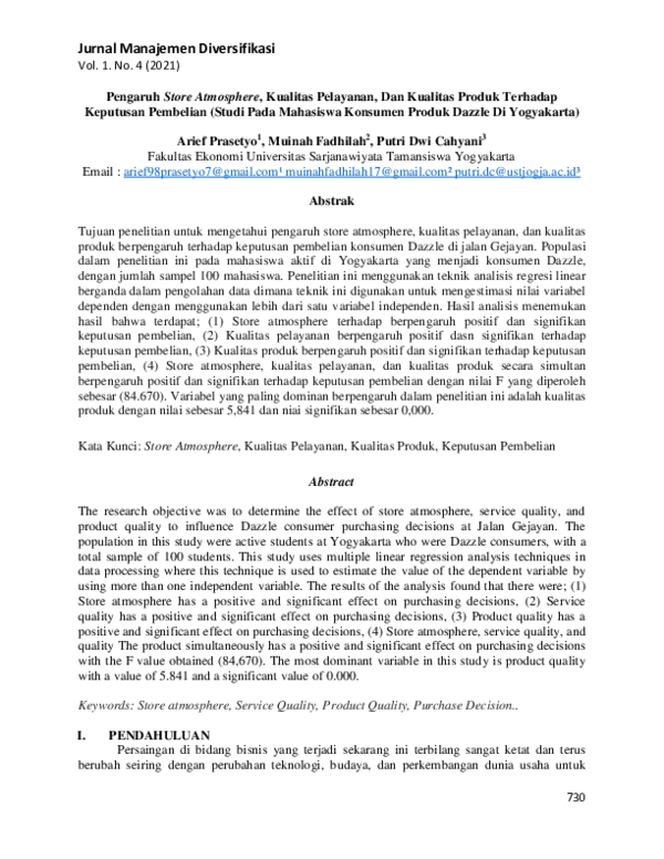 (PDF) Pengaruh Store Atmosphere, Kualitas Pelayanan, Dan Kualitas Produk Terhadap Keputusan ...