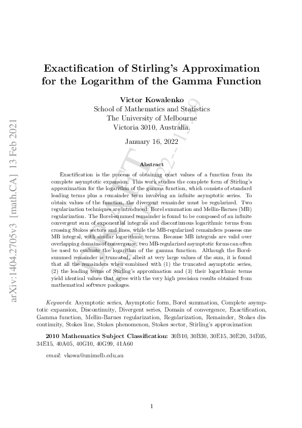 (PDF) Exactification of Stirling's Approximation for the Logarithm of the Gamma Function