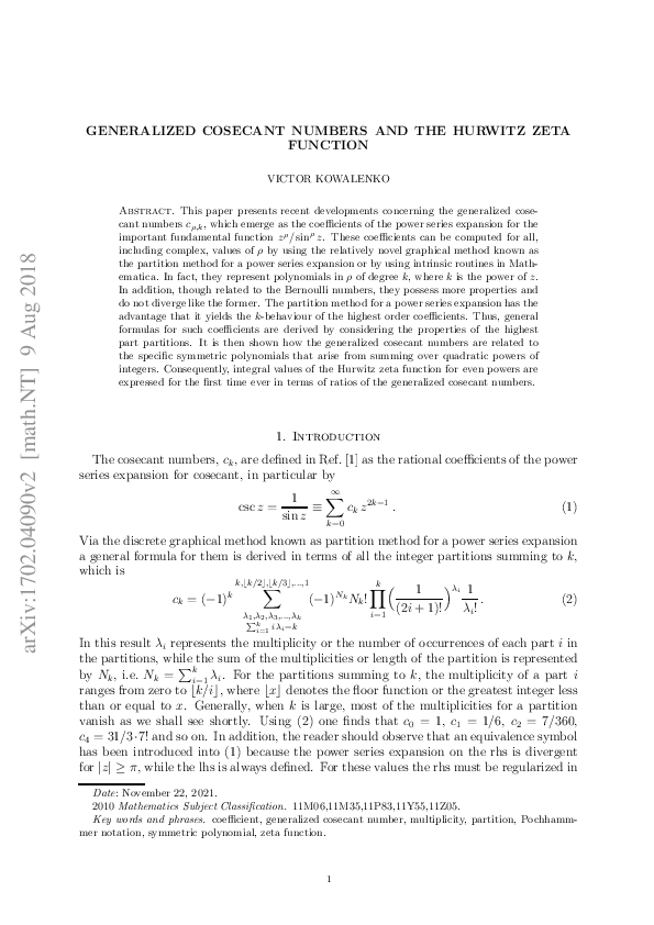 (PDF) Generalized Cosecant Numbers and the Hurwitz Zeta Function