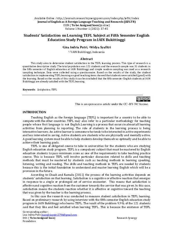 (PDF) Students’ Satisfaction on Learning TEFL Subject at Fifth Semester ...