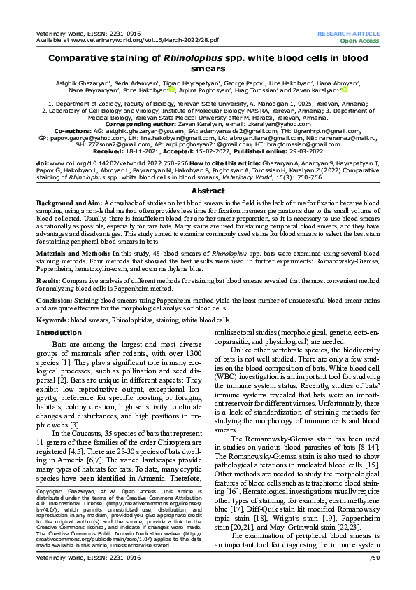 (PDF) Staining Techniques for Bat Blood Smears
