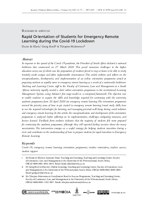 (PDF) Rapid Orientation of Students for Emergency Remote Learning ...