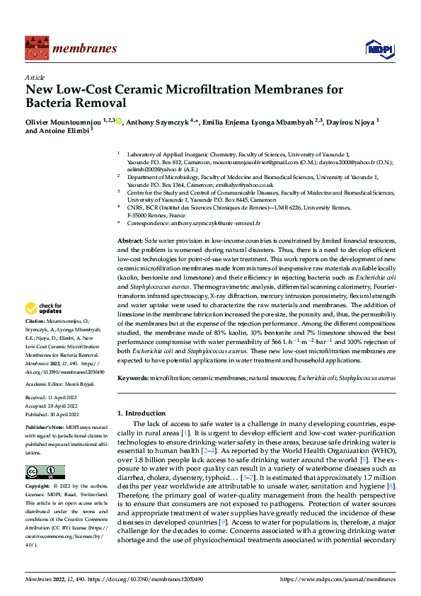 (PDF) New Low-Cost Ceramic Microfiltration Membranes for Bacteria Removal