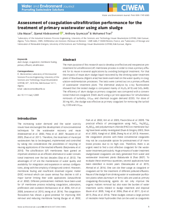 (PDF) Assessment of coagulation‐ultrafiltration performance for the treatment of primary ...