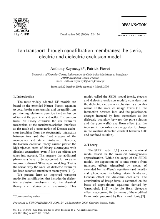 (PDF) Ion transport through nanofiltration membranes: the steric ...