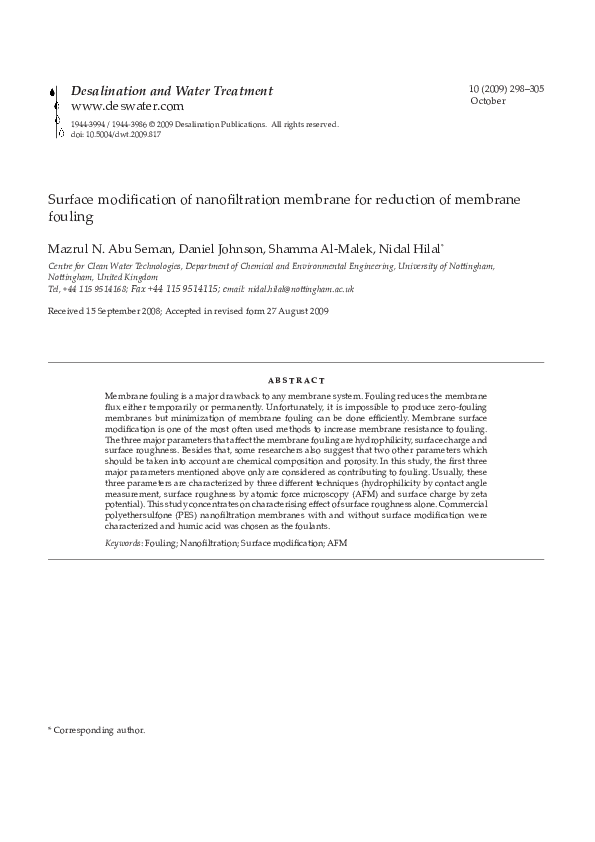 (PDF) Surface modification of nanofiltration membrane for reduction of ...