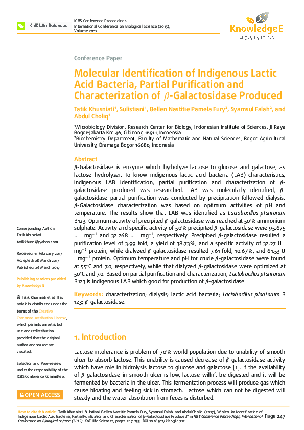 (PDF) Molecular Identification of Indigenous Lactic Acid Bacteria, Partial Purification and ...
