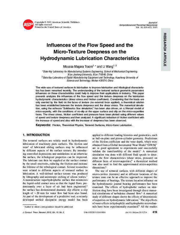 Influences of the Flow Speed and the Micro-Texture Deepness on the Hydrodynamic Lubrication ...
