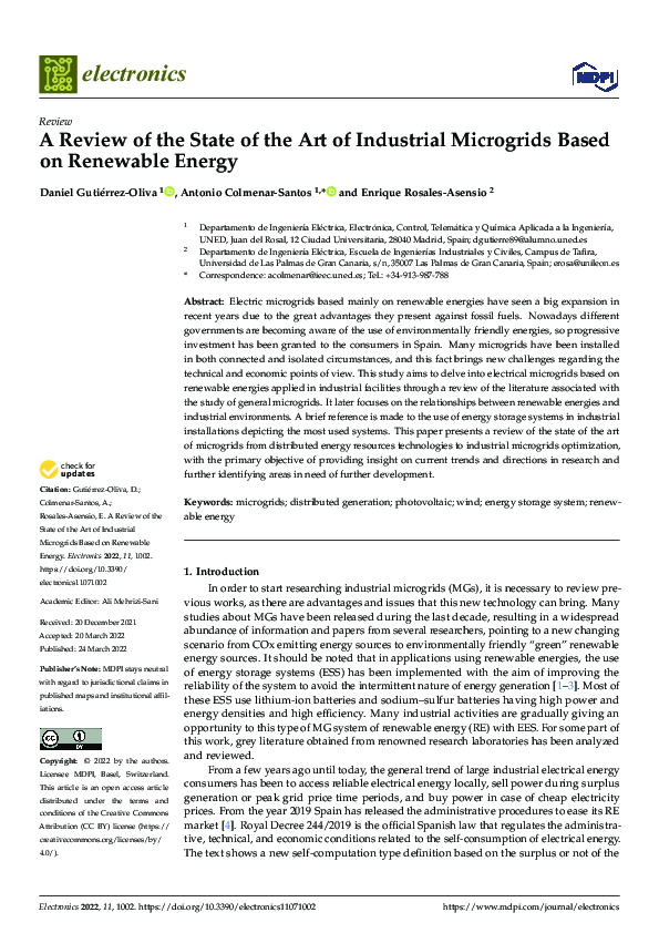 (PDF) A Review of the State of the Art of Industrial Microgrids Based on Renewable Energy