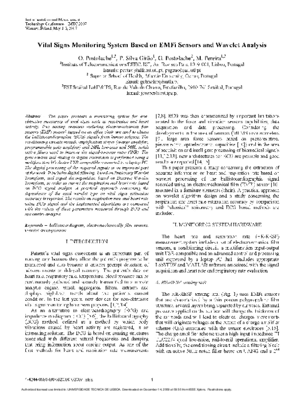 Pdf Vital Signs Monitoring System Based On Emfi Sensors And Wavelet Analysis