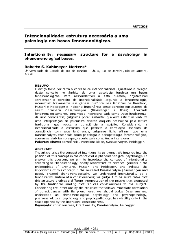 (PDF) Intencionalidade: estrutura necessária a uma psicologia em bases ...