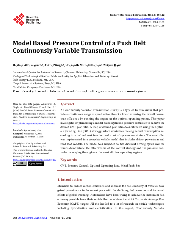 (PDF) Model Based Pressure Control of a Push Belt Continuously Variable ...