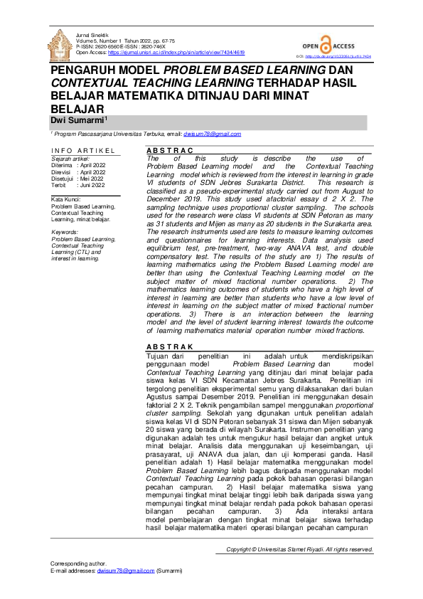 (PDF) PENGARUH PENGGUNAAN PROBLEM BASED LEARNING (PBL) DAN CONTEXTUAL TEACHING LEARNING (CTL ...