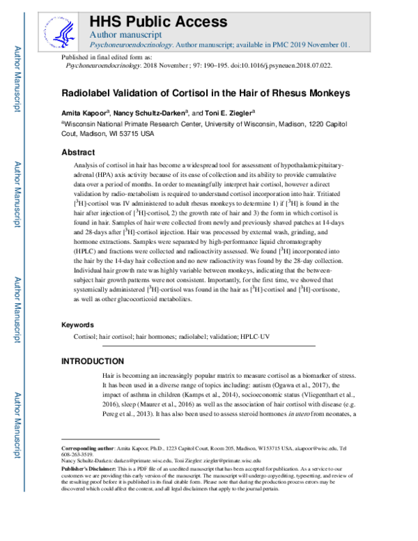 (PDF) Radiolabel validation of cortisol in the hair of rhesus monkeys