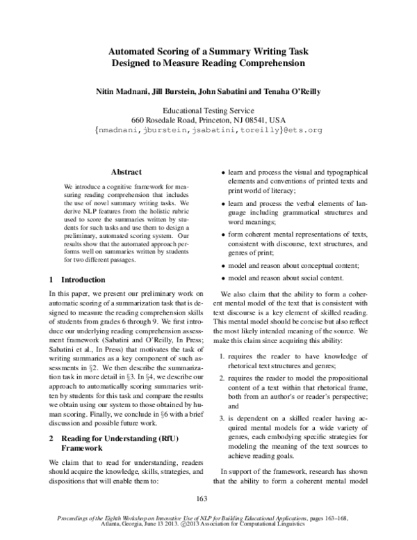 (PDF) Automated scoring of a summary writing task designed to measure reading comprehension