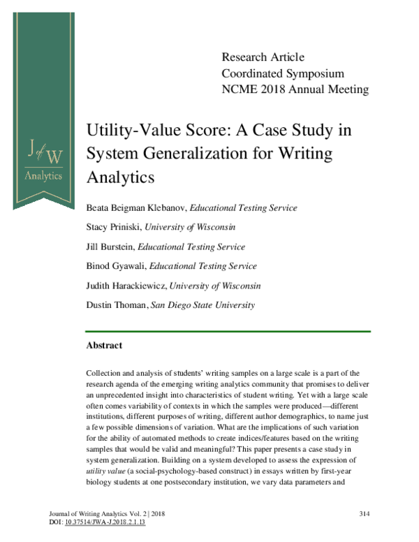 (PDF) Utility-Value Score: A Case Study in System Generalization for Writing Analytics