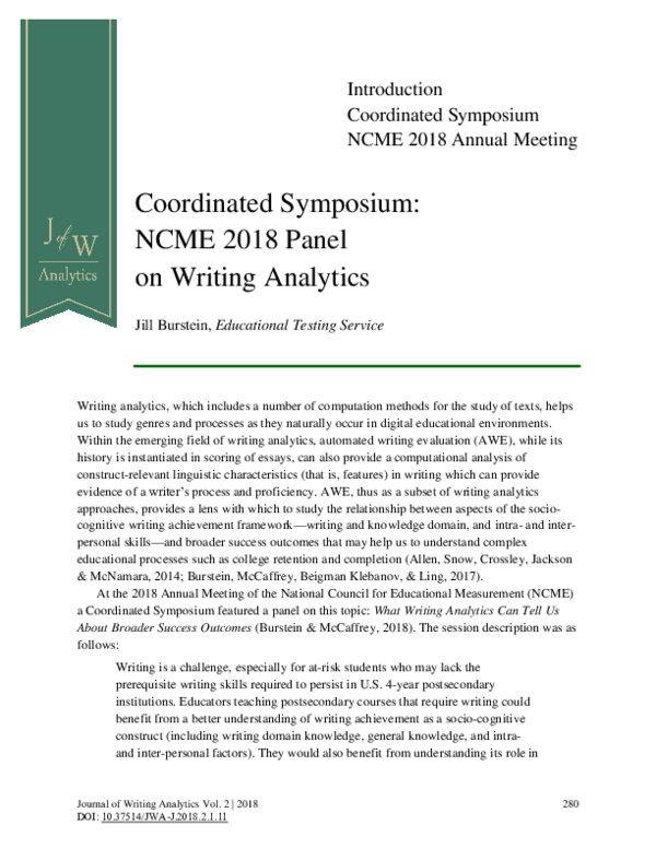 (PDF) Coordinated Symposium: NCME 2018 Panel on Writing Analytics