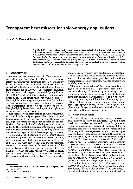 (PDF) Transparent heat mirrors for solar-energy applications