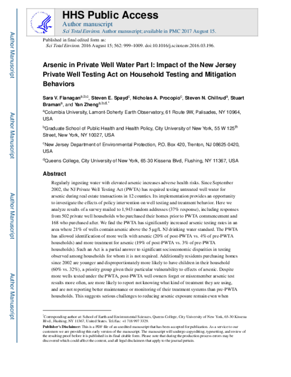(PDF) Arsenic in private well water part 1 of 3: Impact of the New ...