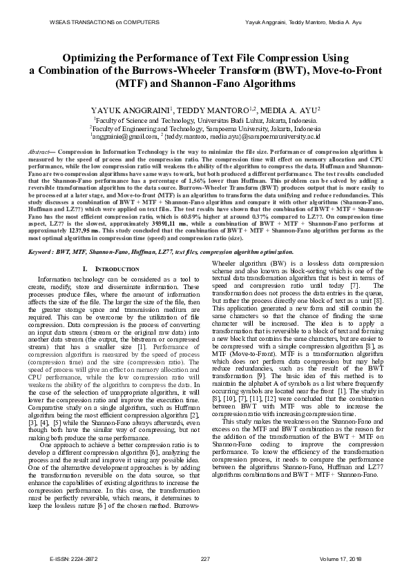 Pdf Optimizing The Performance Of Text File Compression Using A Combination Of The Burrows 