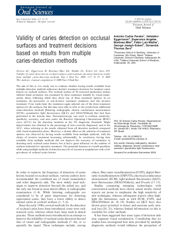 Pdf Validity Of Caries Detection On Occlusal Surfaces And Treatment