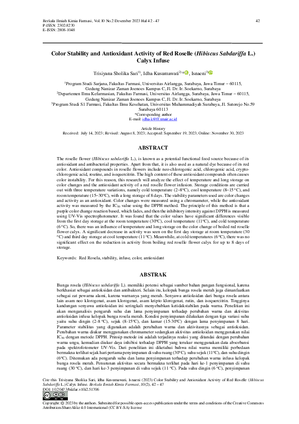 (PDF) Color Stability and Antioxidant Activity of Red Roselle (Hibiscus Sabdariffa L.) Calyx Infuse