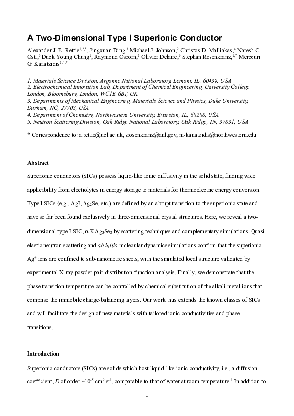 (PDF) Discovery of a Two-Dimensional Type I Superionic Conductor