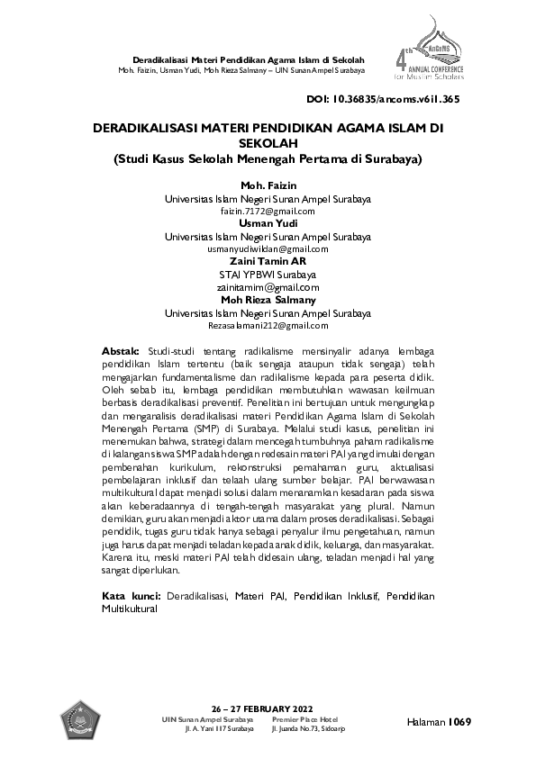 (PDF) Deradikalisasi Materi Pendidikan Agama Islam di Sekolah (Studi Kasus Sekolah Menengah ...
