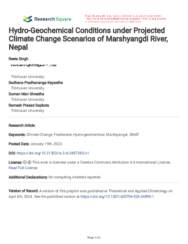 (PDF) Hydro-Geochemical Conditions under Projected Climate Change ...
