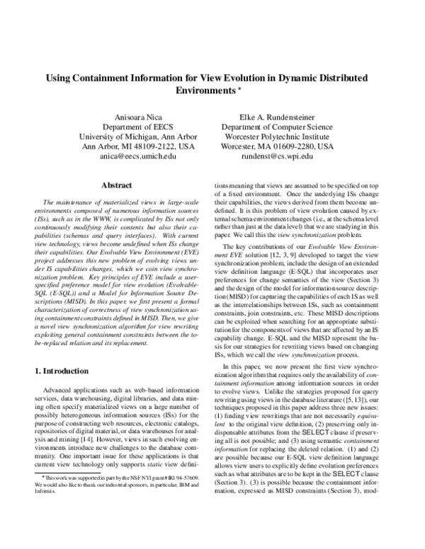 (PDF) Using containment information for view evolution in dynamic distributed environments