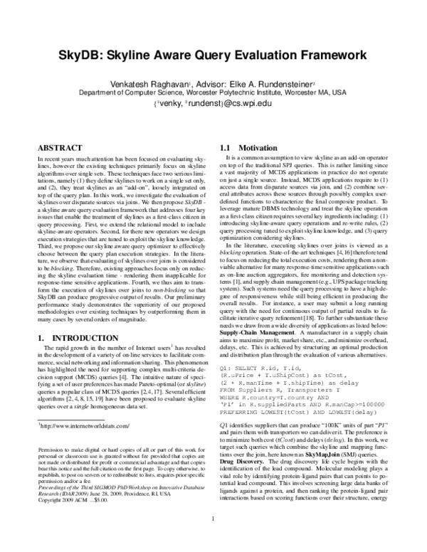 Pdf Skydb A Skyline Aware Framework For Efficient Query Evaluation