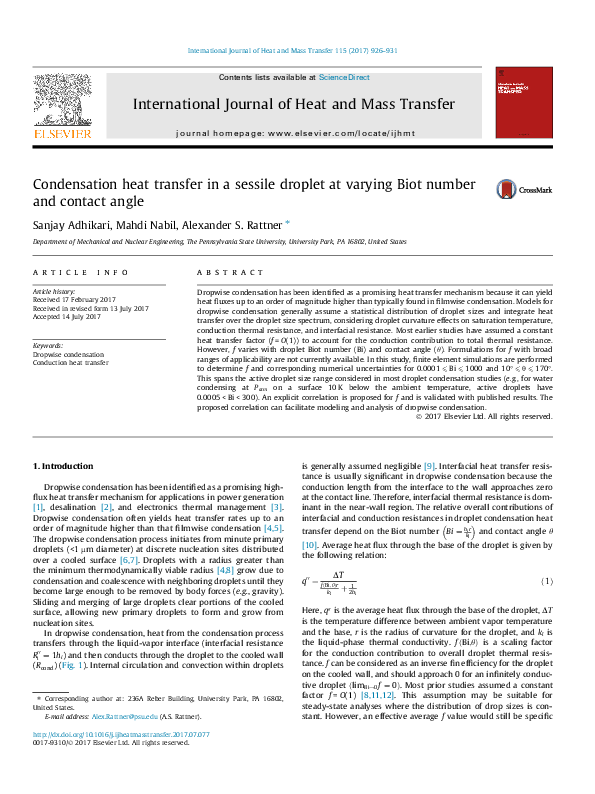 (PDF) Condensation heat transfer in a sessile droplet at varying Biot ...