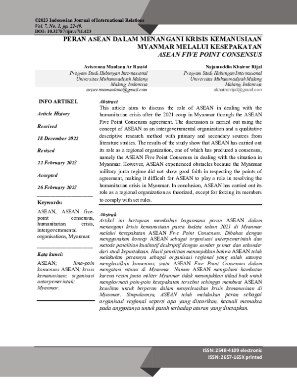 (PDF) Peran Asean Dalam Menangani Krisis Kemanusiaan Myanmar Melalui ...