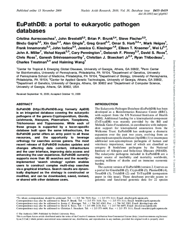 (PDF) EuPathDB: a portal to eukaryotic pathogen databases. Nucleic acids research