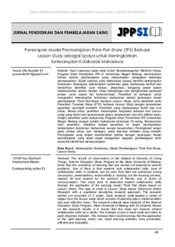 (PDF) Penerapan Model Pembelajaran Think Pair Share (TPS) Berbasis Lesson Study Sebagai Upaya ...