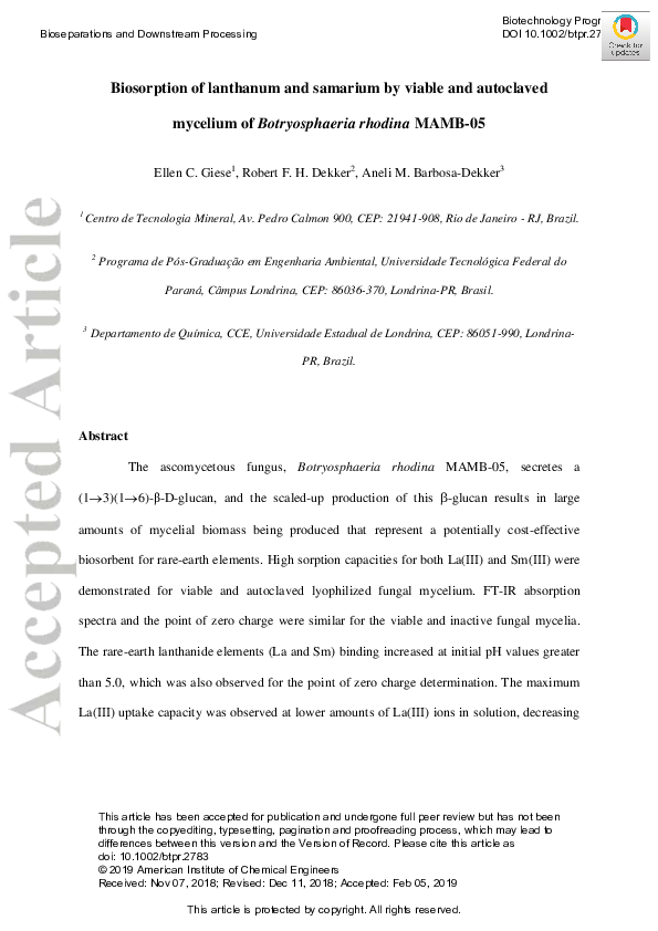 (PDF) Biosorption of lanthanum and samarium by viable and autoclaved ...