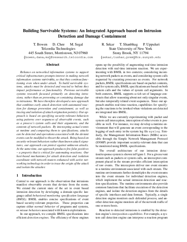 (PDF) Building survivable systems: an integrated approach based on intrusion detection and ...