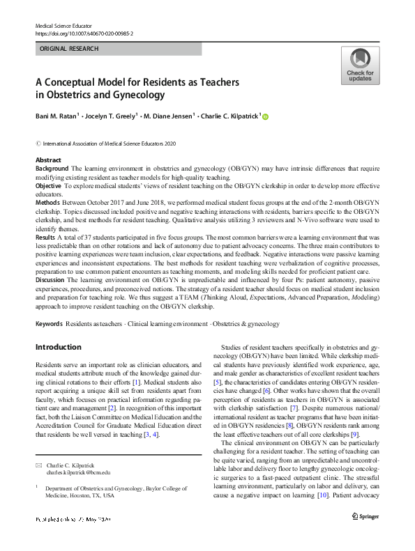 (PDF) A Conceptual Model for Residents as Teachers in Obstetrics and ...