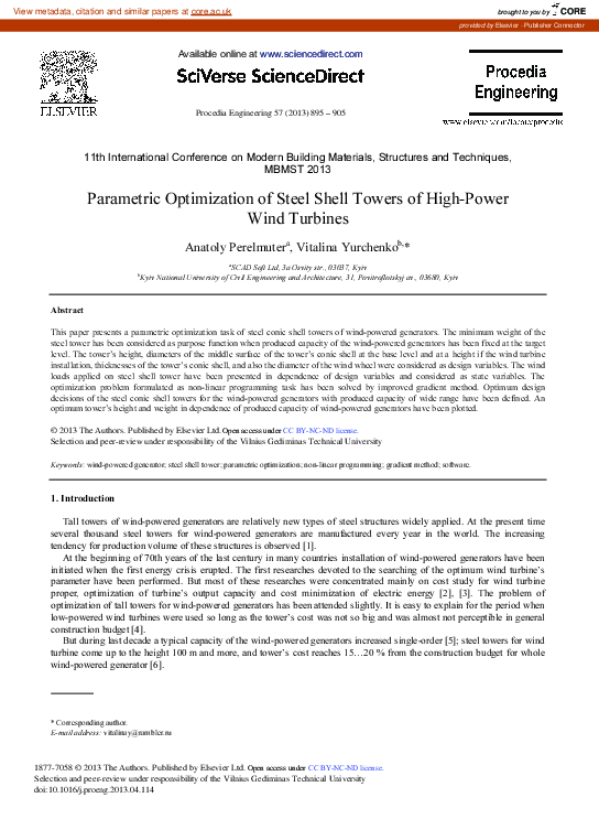 (PDF) Parametric Optimization of Steel Shell Towers of High-Power Wind Turbines | Vitalina ...