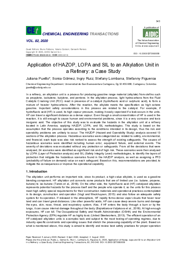 (PDF) Application of Hazop, Lopa and Sil to an Alkylation Unit in a Refinery: a Case Study