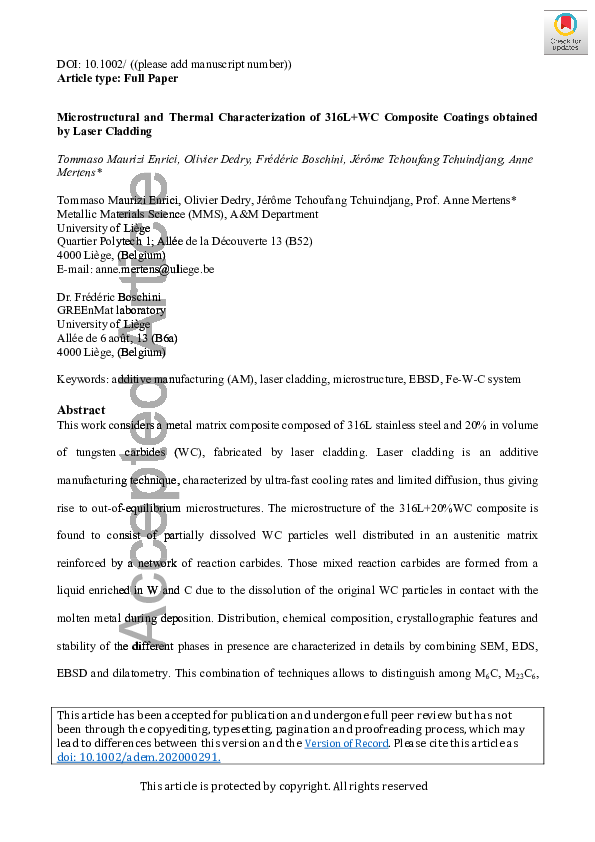 (PDF) Microstructural and Thermal Characterization of 316L + WC Composite Coatings Obtained by ...