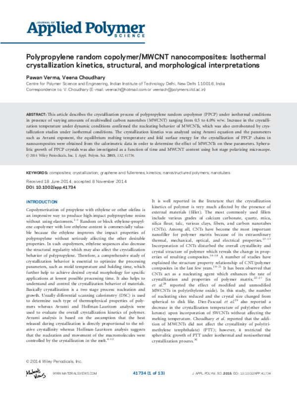 (PDF) Polypropylene random copolymer/MWCNT nanocomposites: Isothermal ...
